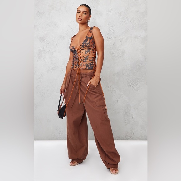 PrettyLittleThing | Tops | Pretty Little Thing Printed Brown Lace Up ...